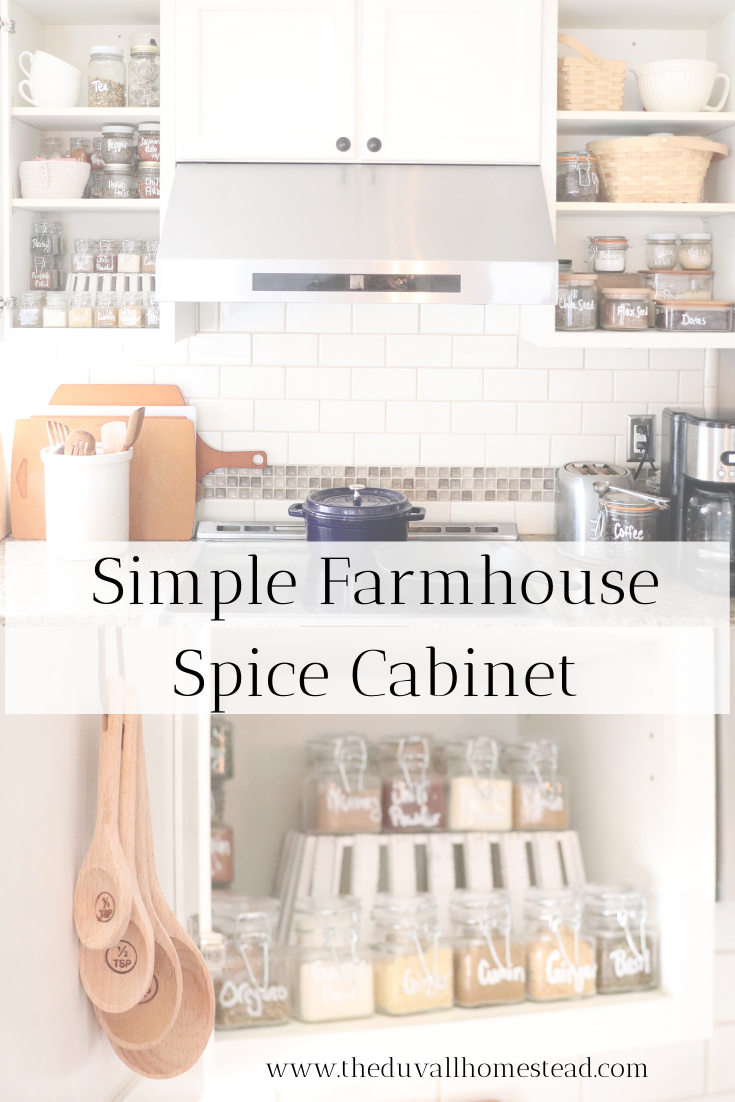 Simple Farmhouse Spice Cabinet Organization - The Duvall Homestead Kitchen